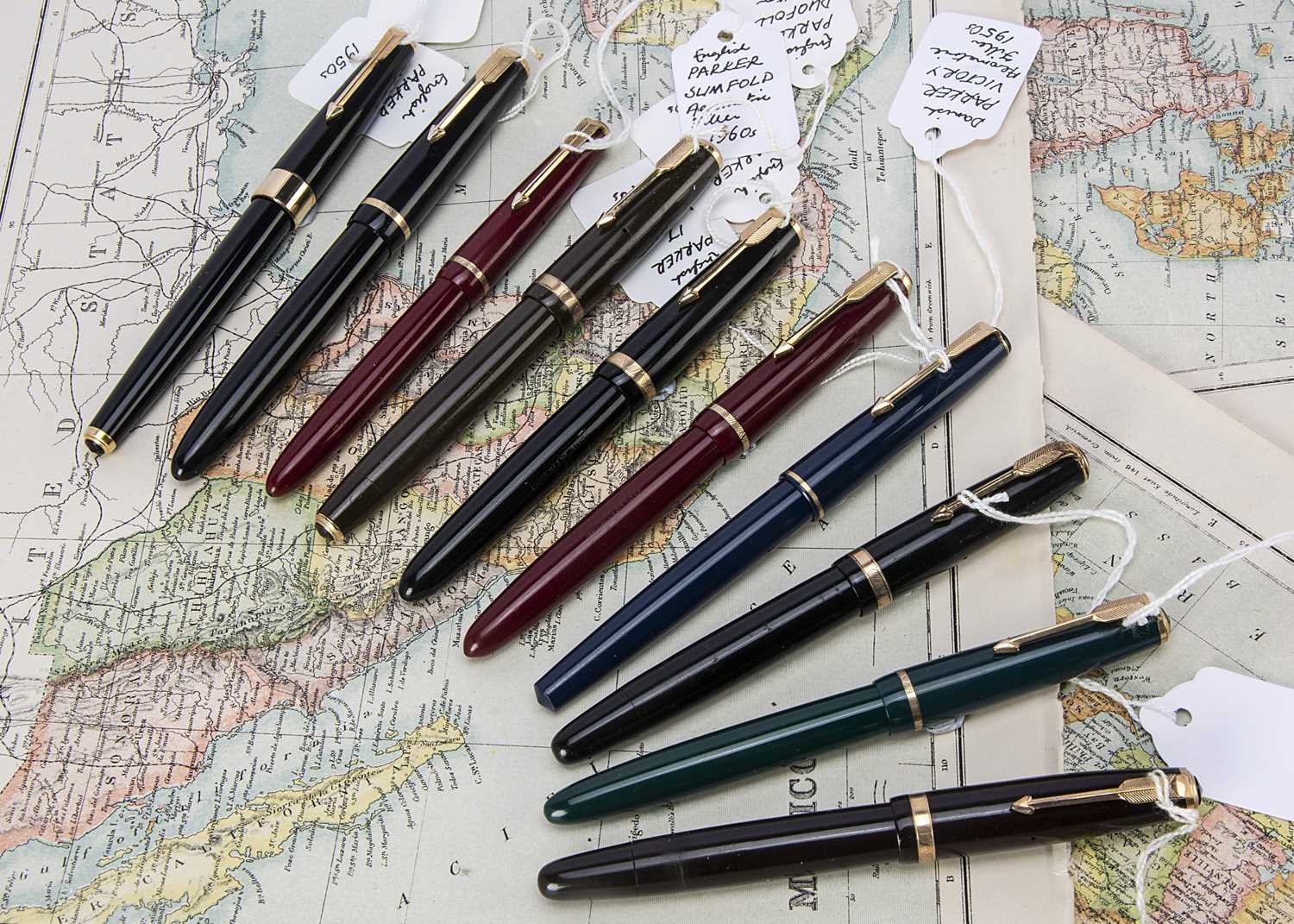 Lot 579 - Ten vintage Parker fountain pens,
