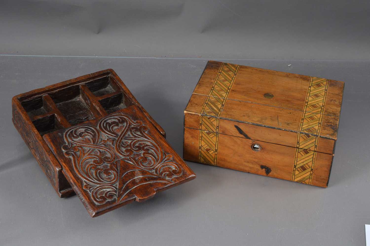 Lot 511 - An antique carved oak treen spice box,
